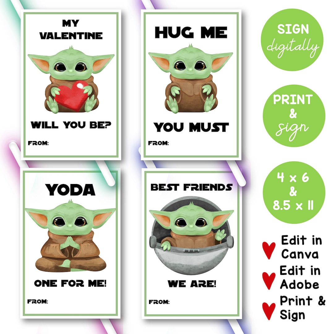 Green Alien EDITABLE Valentines. YODA One for Me. Kids Valentines ...