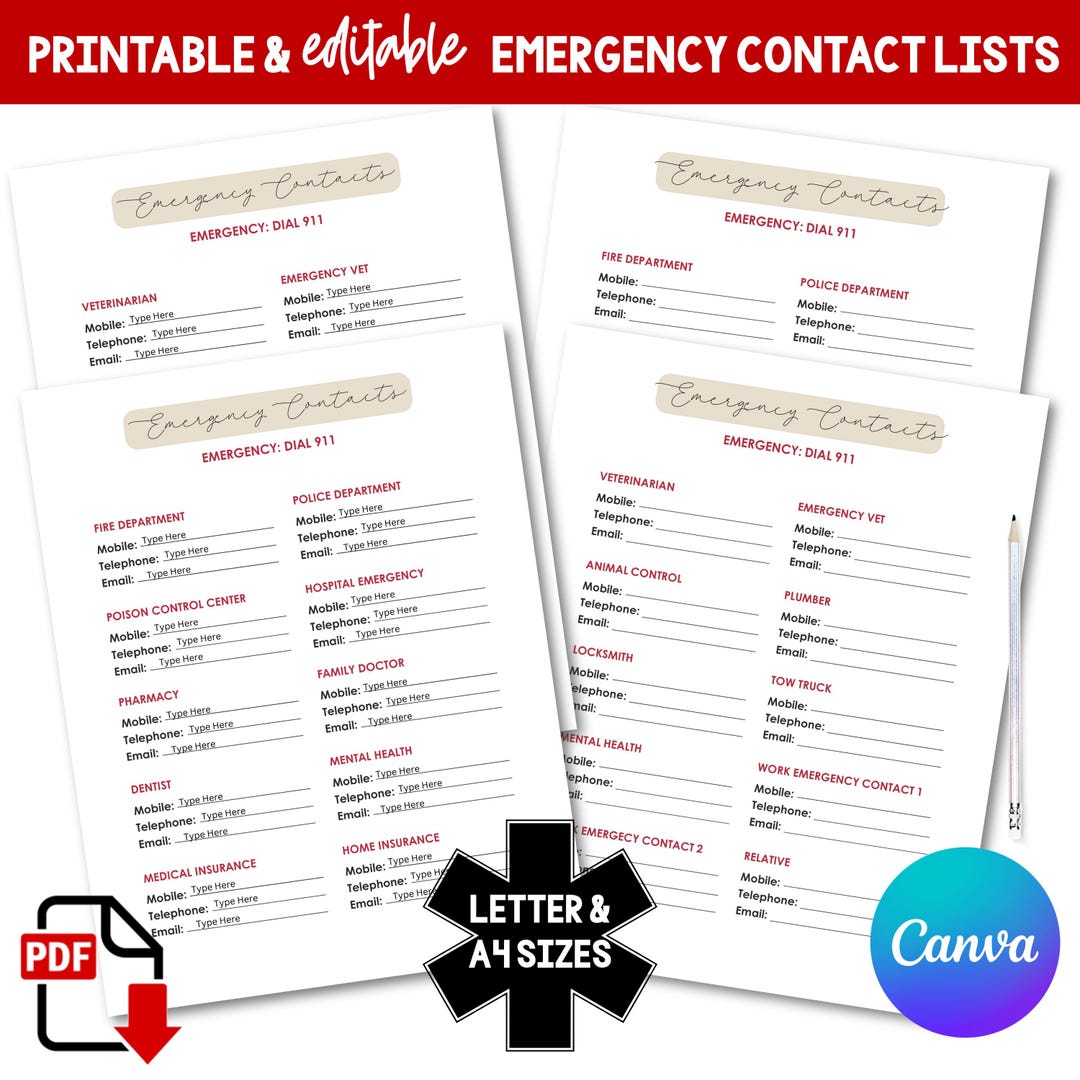 Printable, Editable Emergency Contact Lists. Emergency Kit. School ...