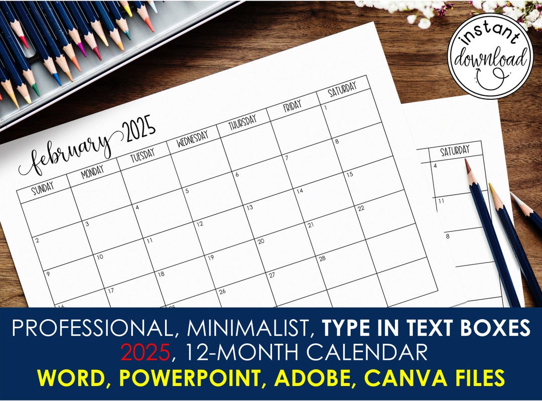 Minimalist 2025 Printable, Instant Download Calendar. Canva, Word ...