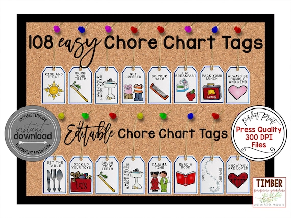 108 Chore Chart Tags EDITBLE Tags Too. Jobs & Behavior Tags. - Etsy