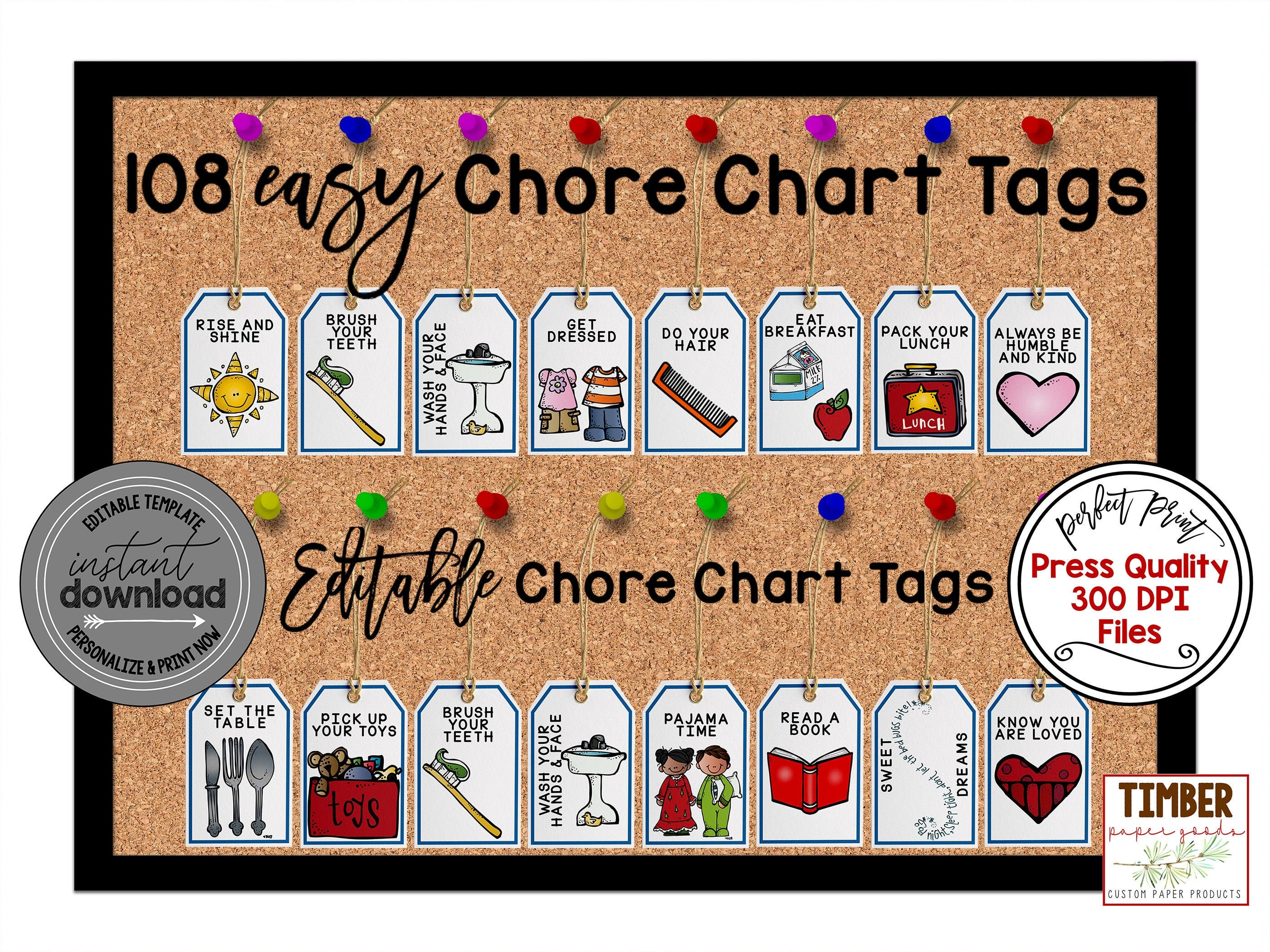 108 Chore Chart Tags EDITBLE Tags Too. Jobs & Behavior Tags. | Etsy