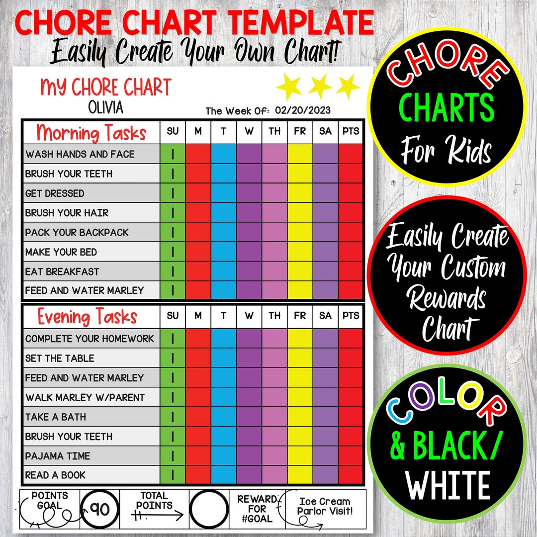 EDITABLE Kids Chore Chart Template. INSTANT Download. Morning & Evening ...