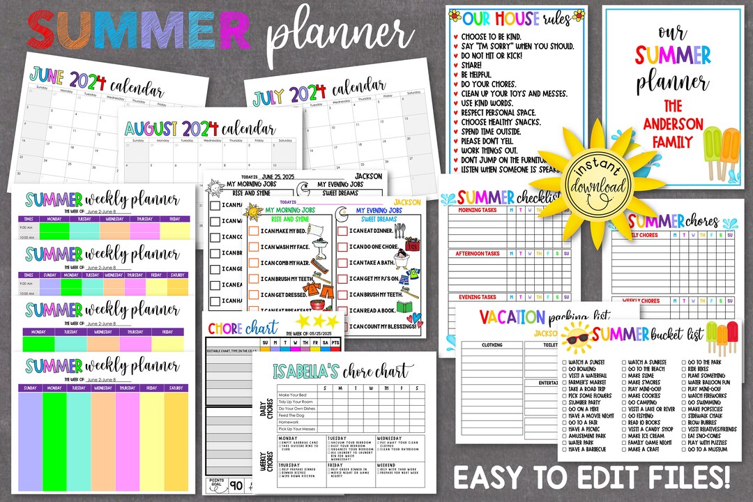 Printable Editable SUMMER 2024 Planner Kit | Summer Calendars | Summer ...