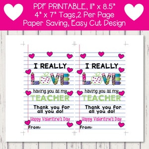 Valentine Teacher Tag. Printable Gift Tags. Valentine's Day. Printable ...