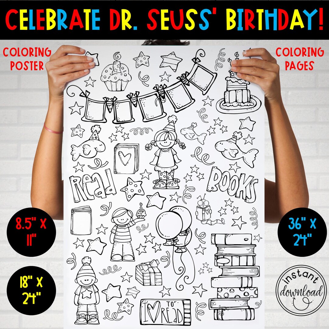 Dr. Seuss Inspired Coloring Poster. Read Across America Activity. 3 ...