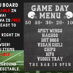 EDITABLE Chalk Game Day Menu Sign | Printable | MENU BOARD| Digital ...