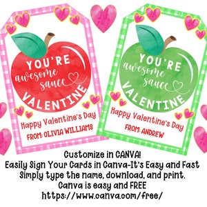 CUSTOMIZABLE Valentines Applesauce Tags, Kids Classroom, Daycare ...