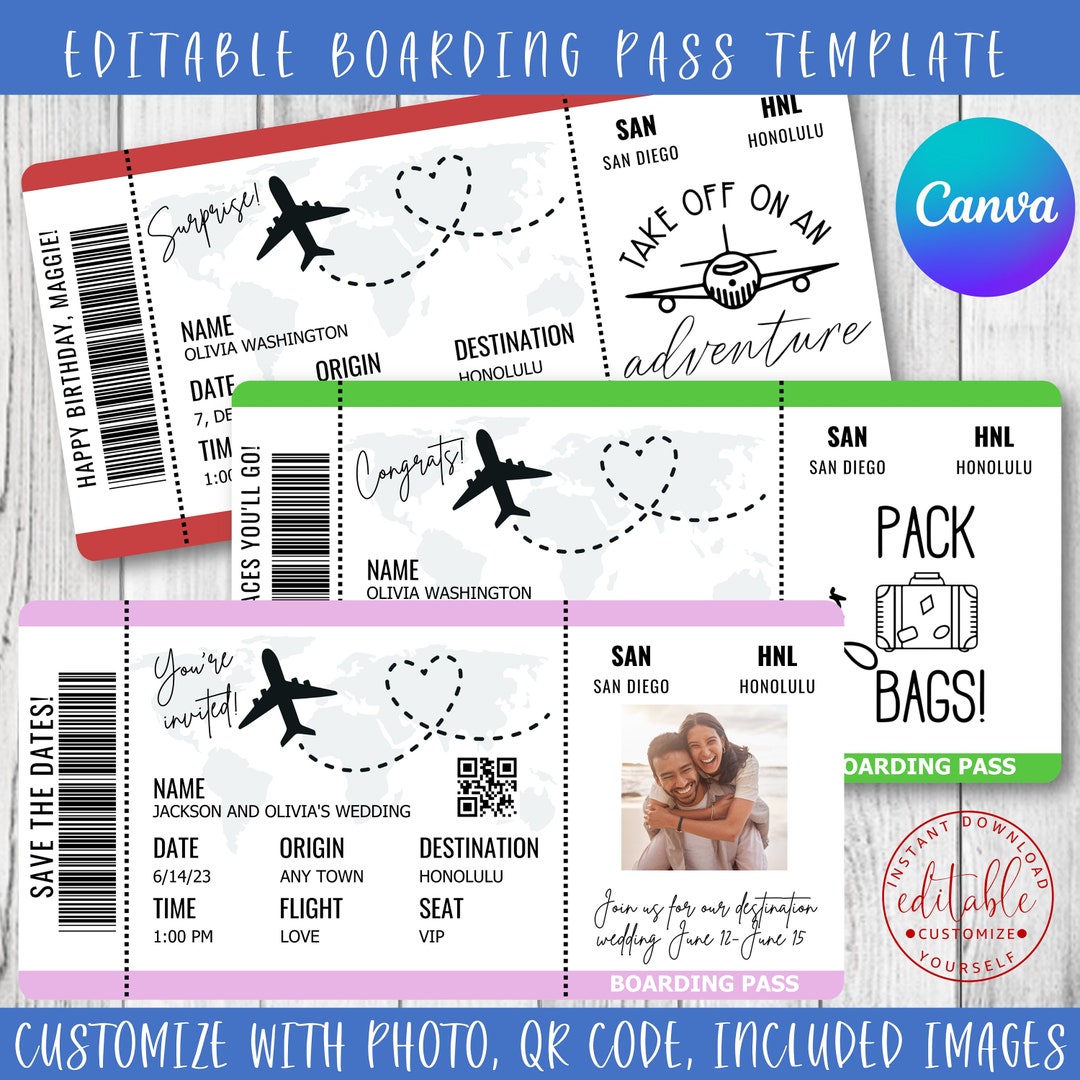 EDITABLE Boarding Pass Ticket Template, PRINTABLE Airline Ticket ...