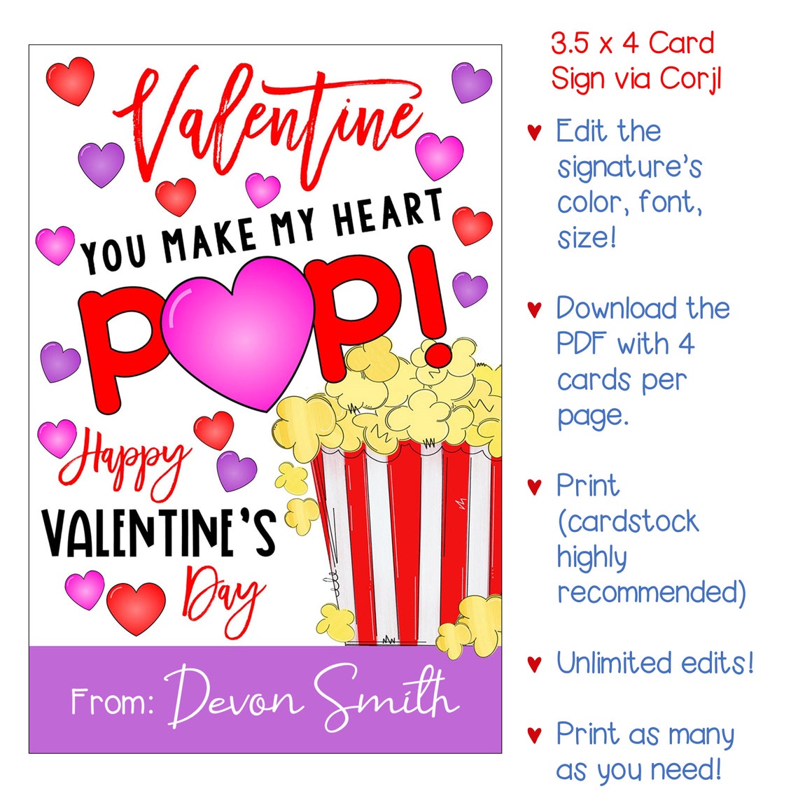 EDITABLE Popcorn Valentine Printable School Valentine Cards - Etsy