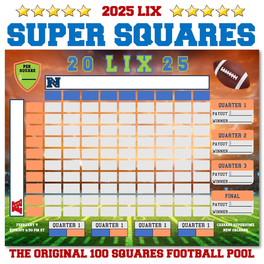 PRINTABLE Football Squares | Super Football Bowl Squares | Football ...