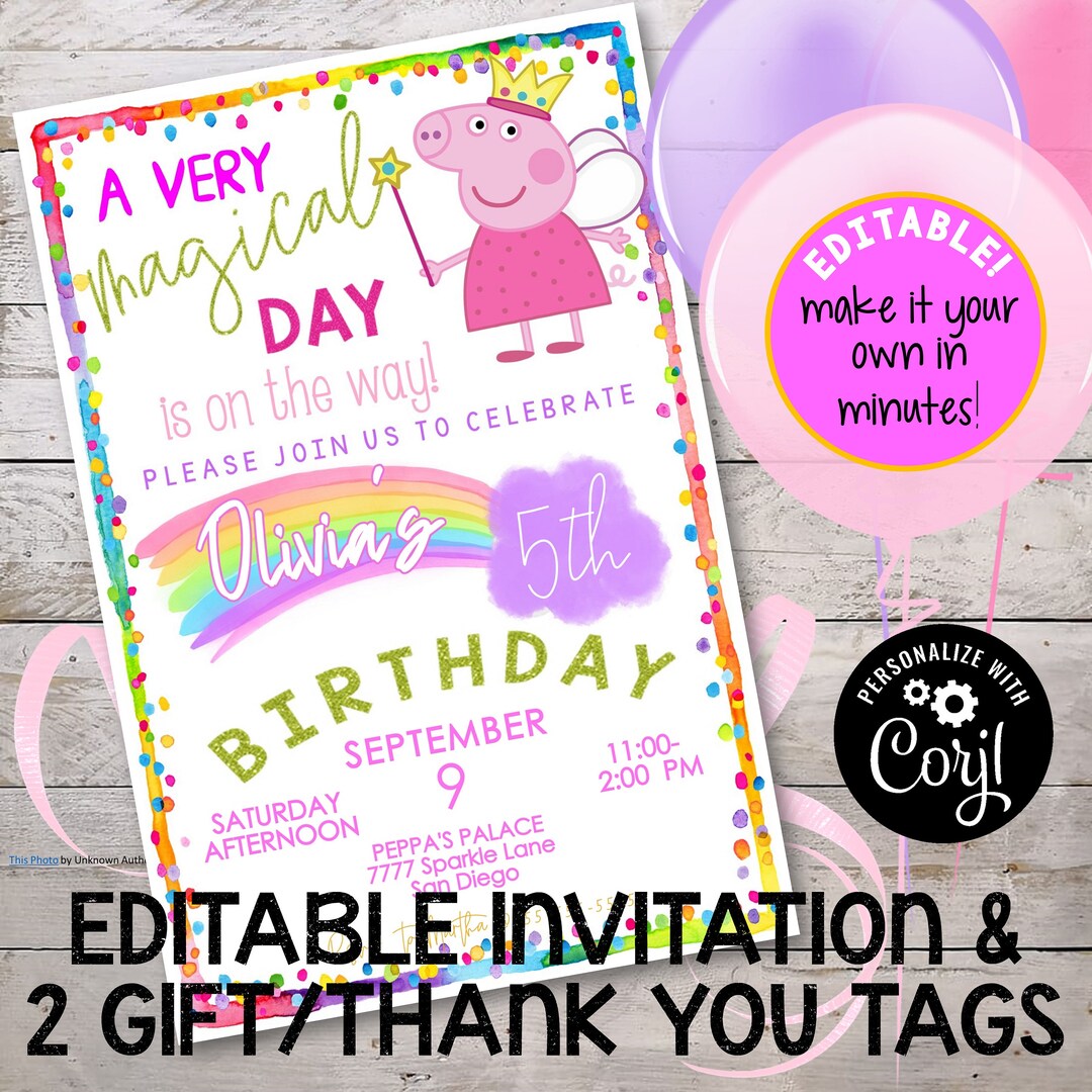 Peppa Pig EDITABLE Invitation, Peppa Pig Tags, Fairy Peppa Pig Thank ...