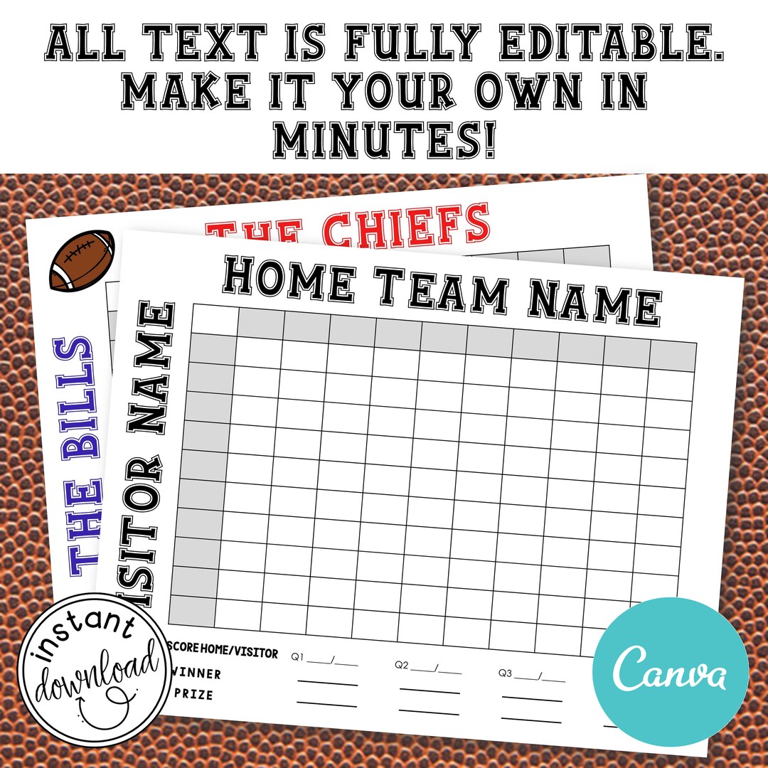 EDITABLE, ENDLESS USE Football Squares Game | Football Grids | Football ...