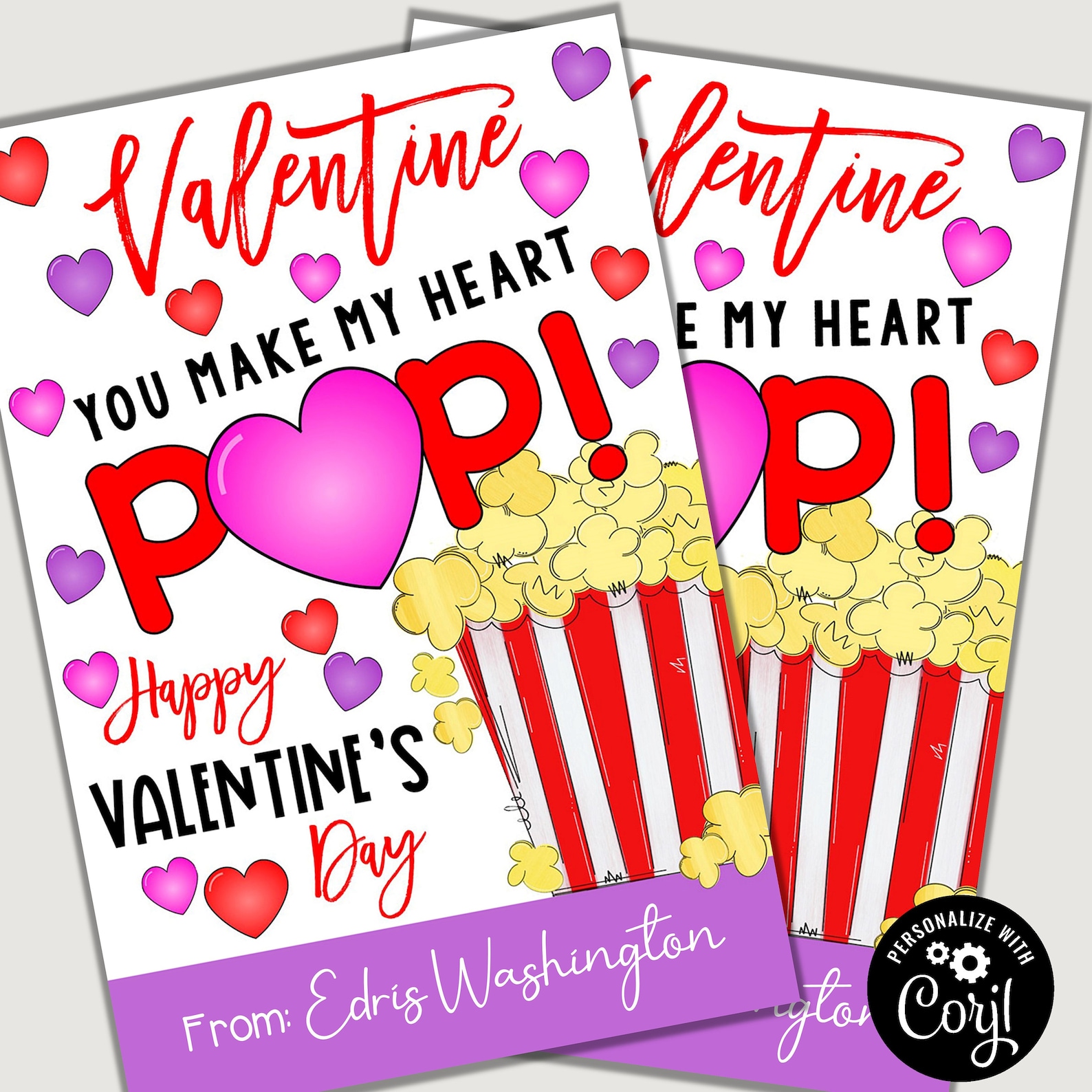 EDITABLE Popcorn Valentine Printable School Valentine Cards - Etsy