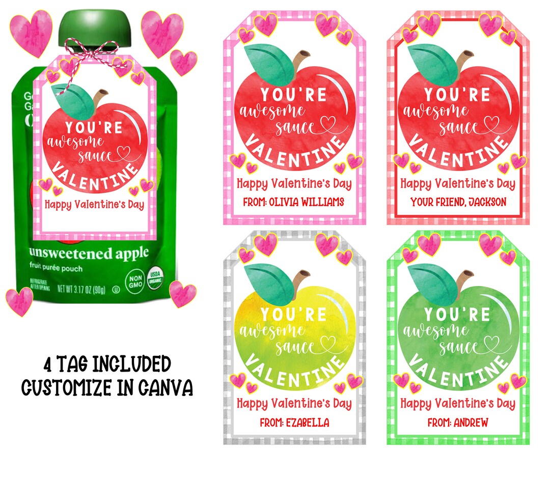 CUSTOMIZABLE Valentines Applesauce Tags, Kids Classroom, Daycare ...