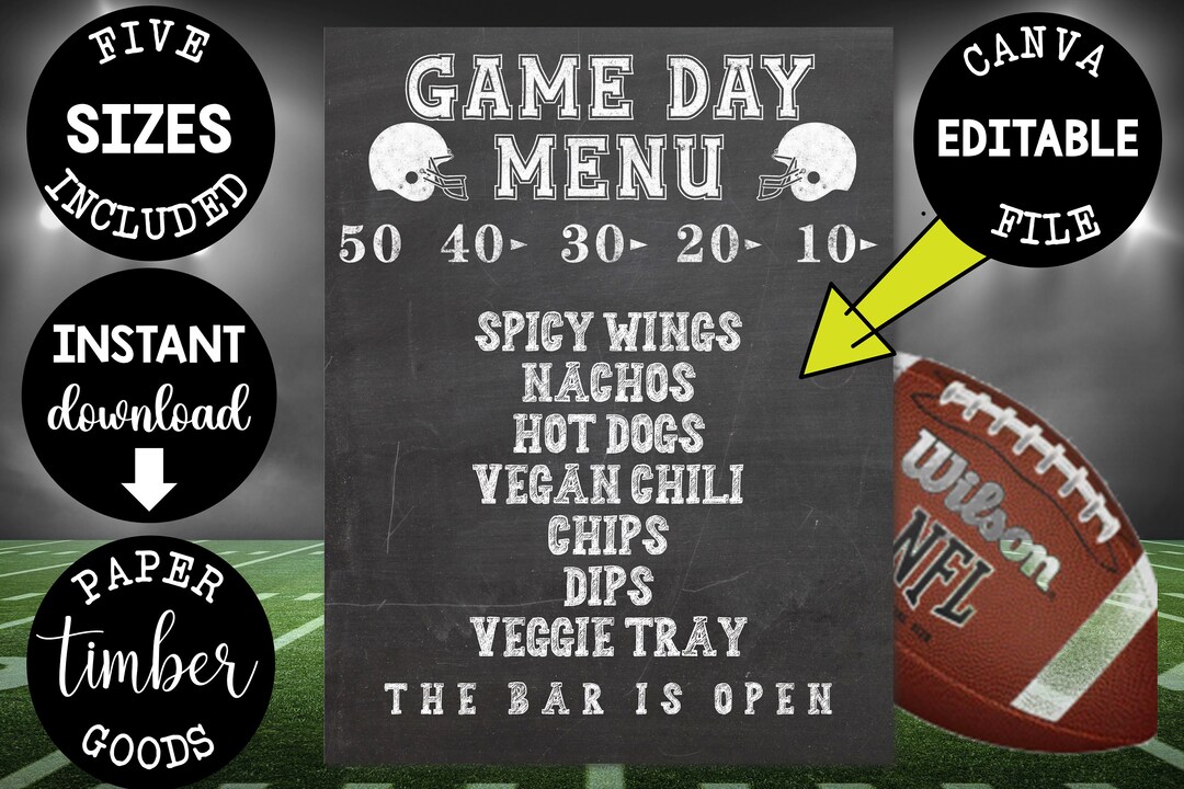EDITABLE Chalk Game Day Menu Sign | Printable | MENU BOARD| Digital ...