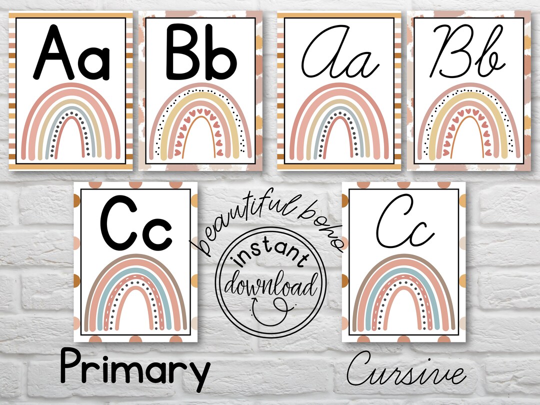 Boho Rainbow Alphabet Posters, Primary Alphabet, Cursive Alphabet ...