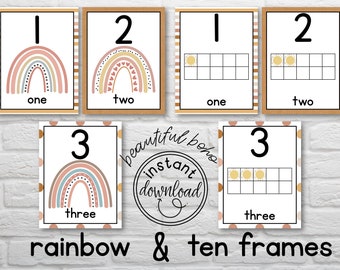 Number Posters, Numbers 1-20 With and Without Ten Frames, Boho Rainbow ...