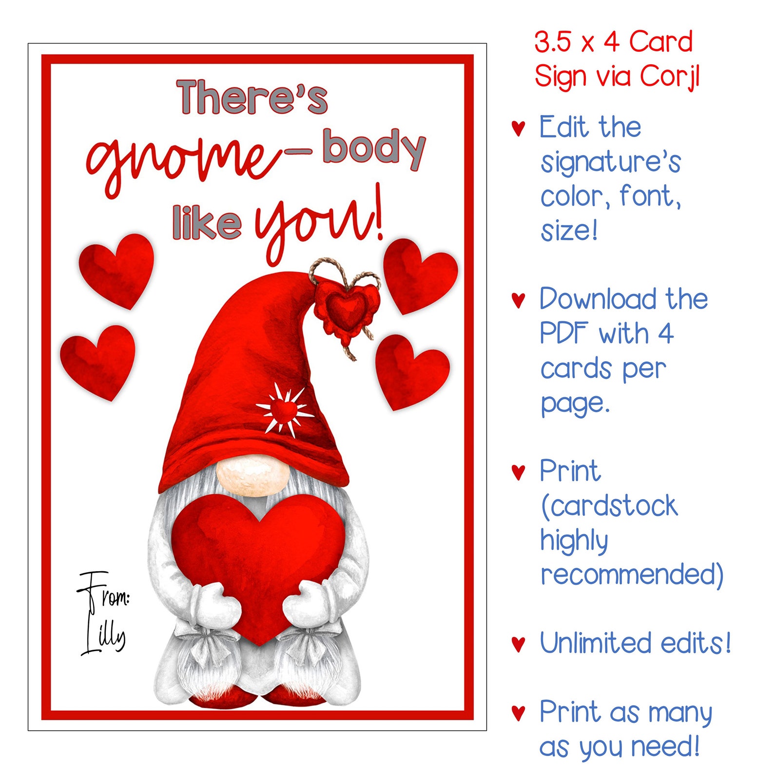 EDITABLE Cute Gnome Valentine Printable Valentine Cards | Etsy
