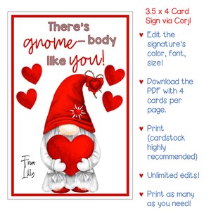 EDITABLE Cute Gnome Valentine, Printable Valentine Cards, School ...