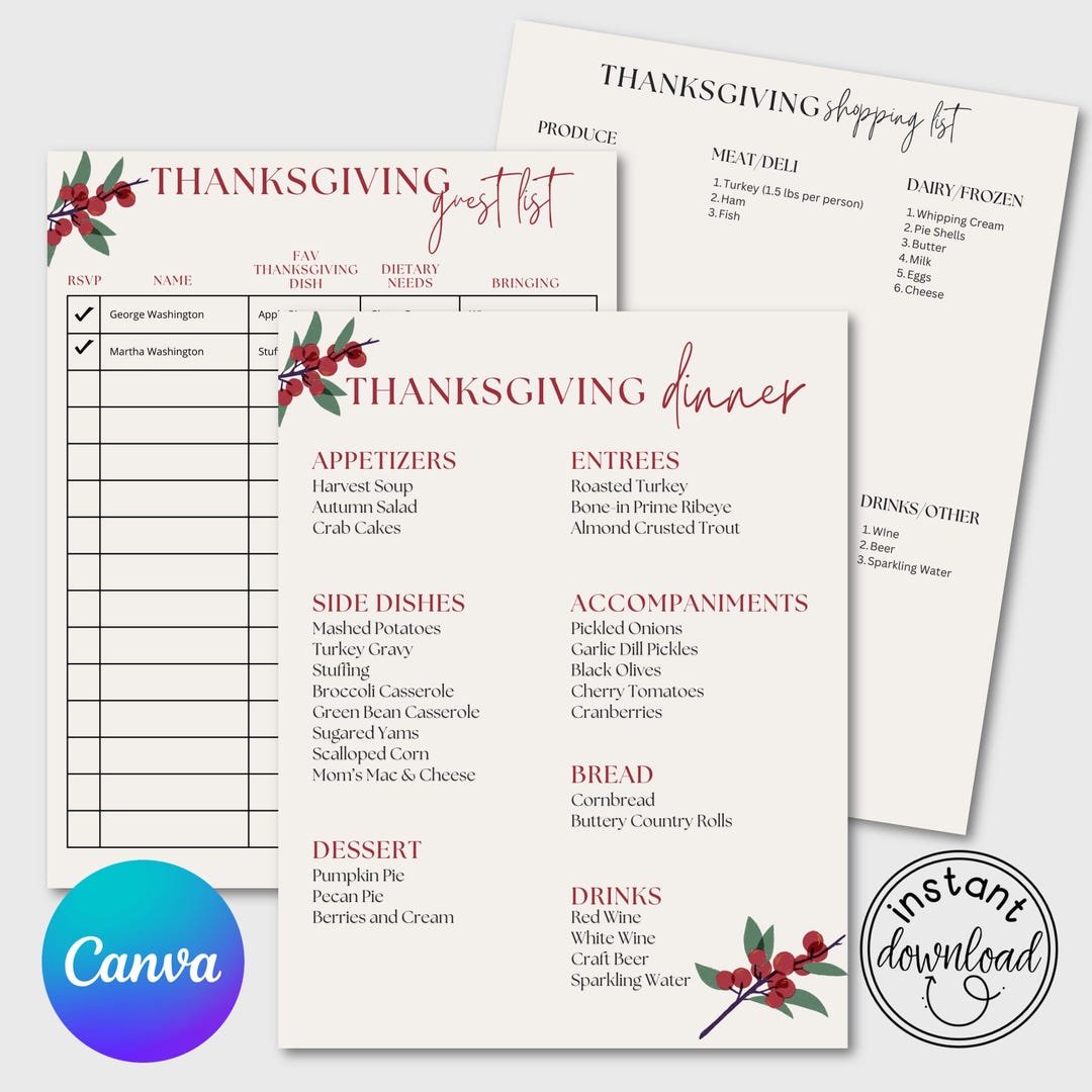 Printable, EDITABLE Thanksgiving Meal Planner Template. Thanksgiving ...