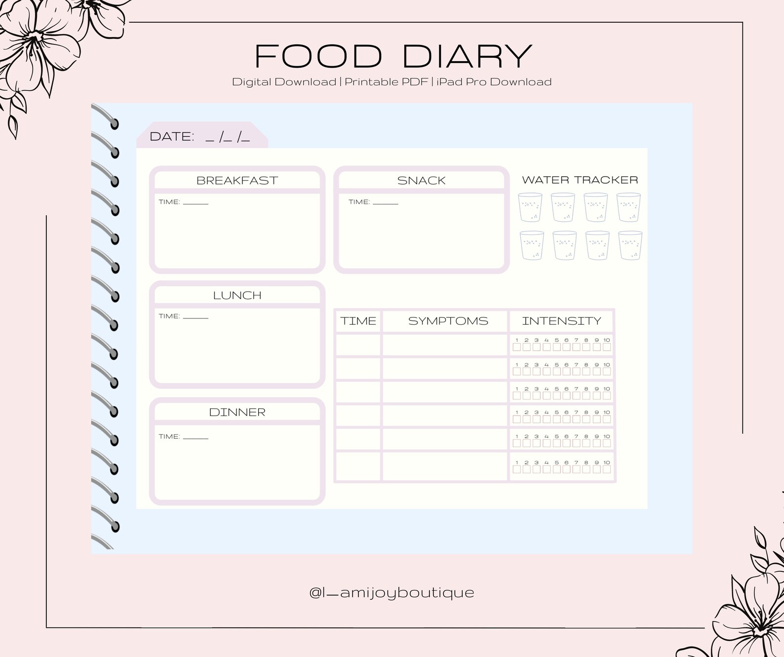 Daily Food Diary Printable A4 Printable Daily Food Journal Water ...
