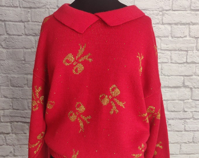 Vintage Red Christmas Holiday 80s Sweater With Gold Bow Accents - Etsy
