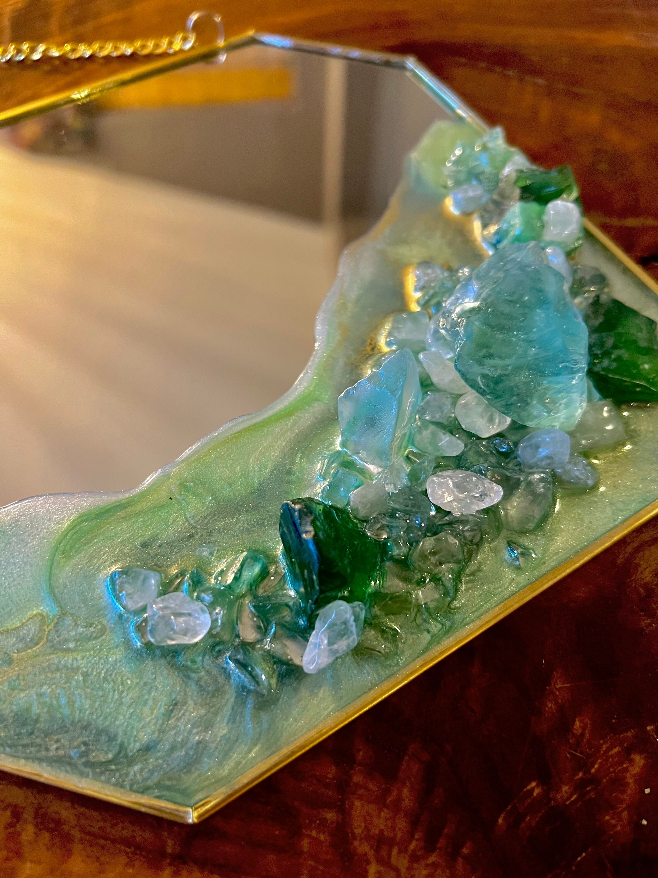 Gold Hanging Mirrors Resin Mirrors With Crystals in Blues and Greens - Etsy