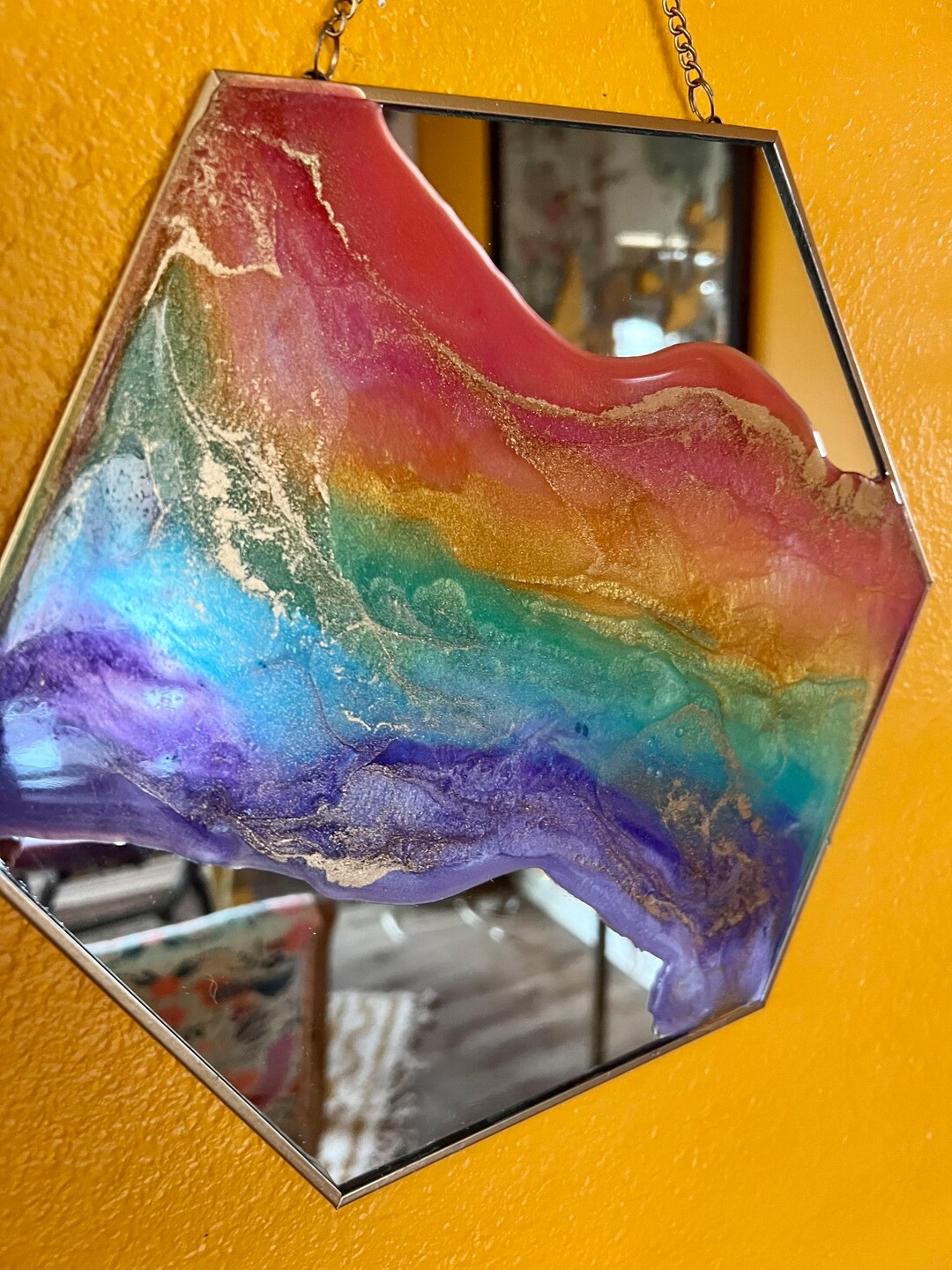 Gold Hexagon Hanging Mirror With Rainbow Design Rainbow Mirror - Etsy