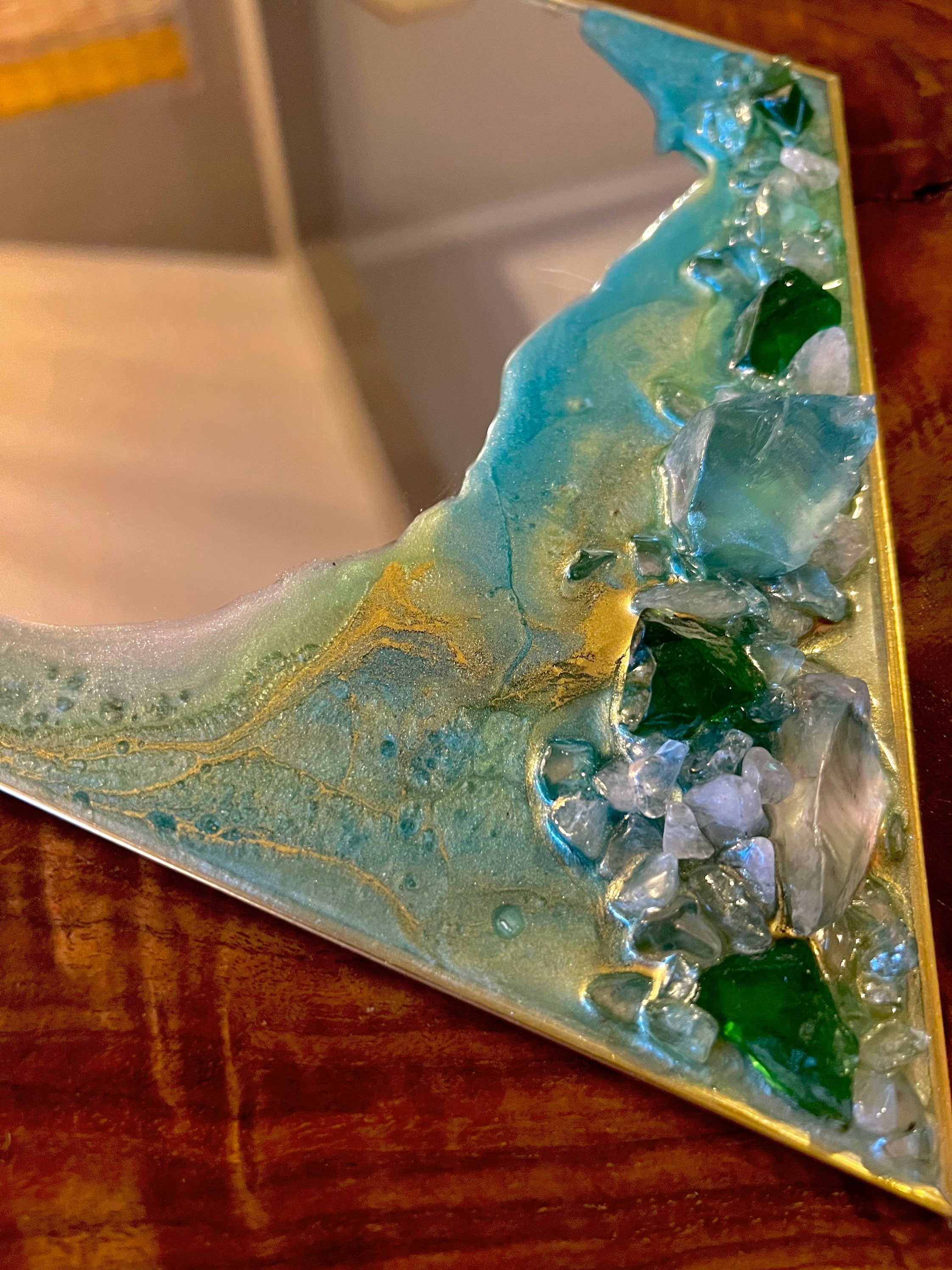 Gold Hanging Mirrors Resin Mirrors With Crystals in Blues and Greens - Etsy