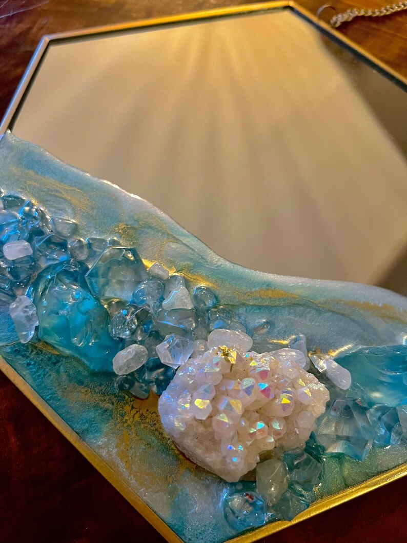 Gold Hanging Mirrors Resin Mirrors With Crystals in Blues and Greens - Etsy