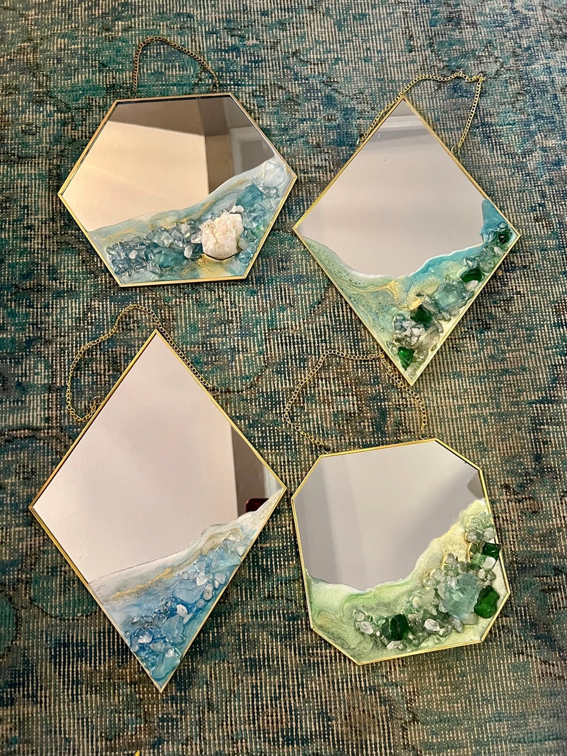 Gold Hanging Mirrors Resin Mirrors With Crystals in Blues and Greens - Etsy