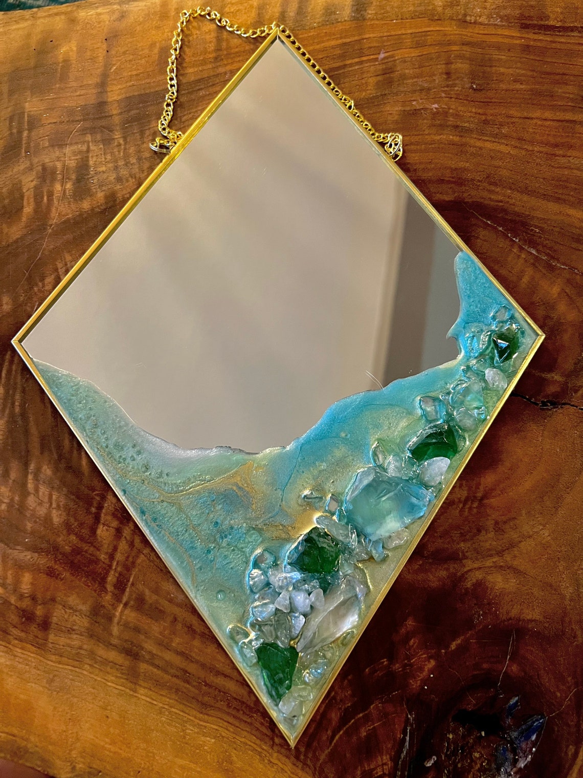 Gold Hanging Mirrors Resin Mirrors With Crystals in Blues and Greens - Etsy