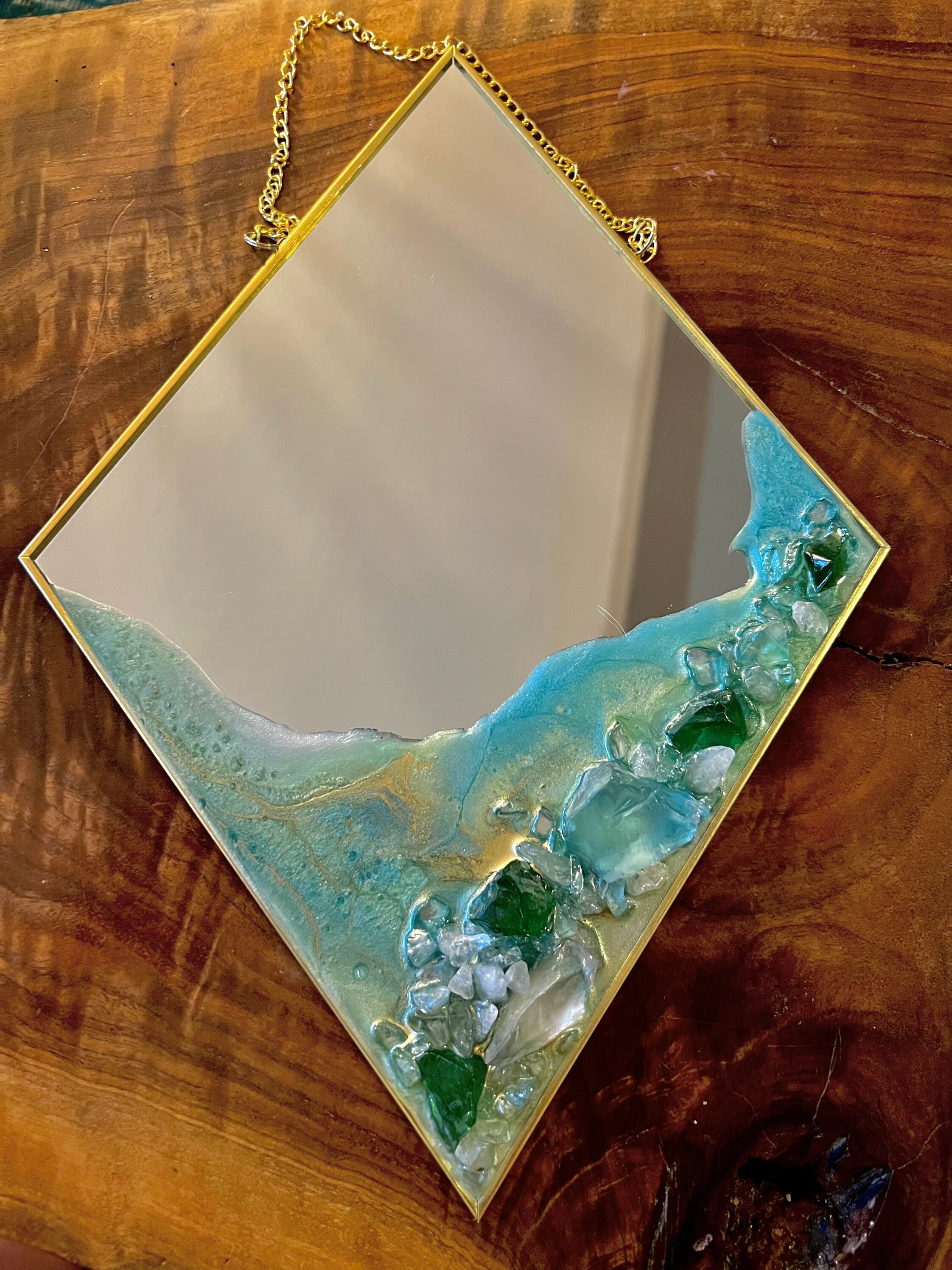 Gold Hanging Mirrors Resin Mirrors With Crystals in Blues and Greens - Etsy