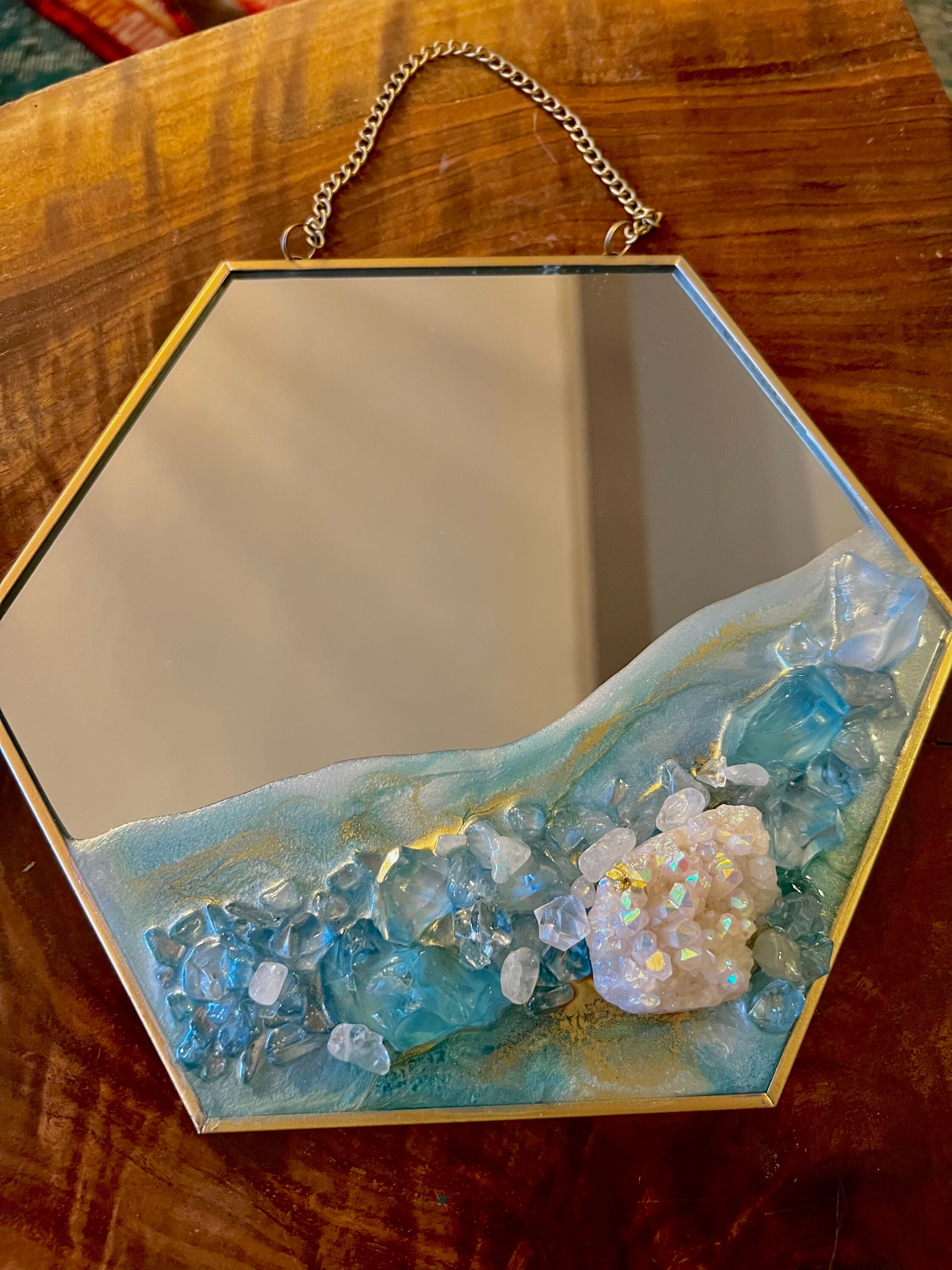 Gold Hanging Mirrors Resin Mirrors With Crystals in Blues and Greens - Etsy