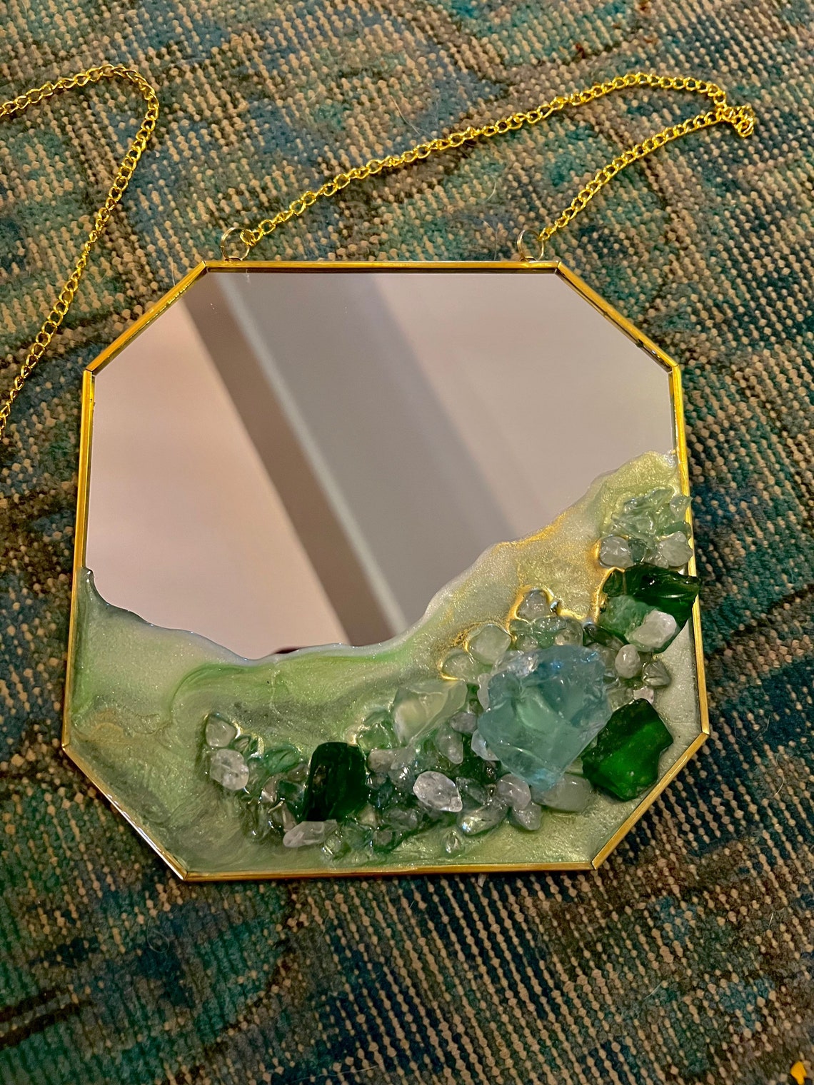 Gold Hanging Mirrors Resin Mirrors With Crystals in Blues and Greens - Etsy