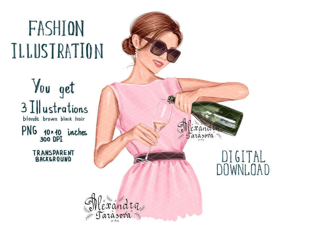 Digital Illustration Stylish Girl Fashion Hair Bun Delicious Champagne ...