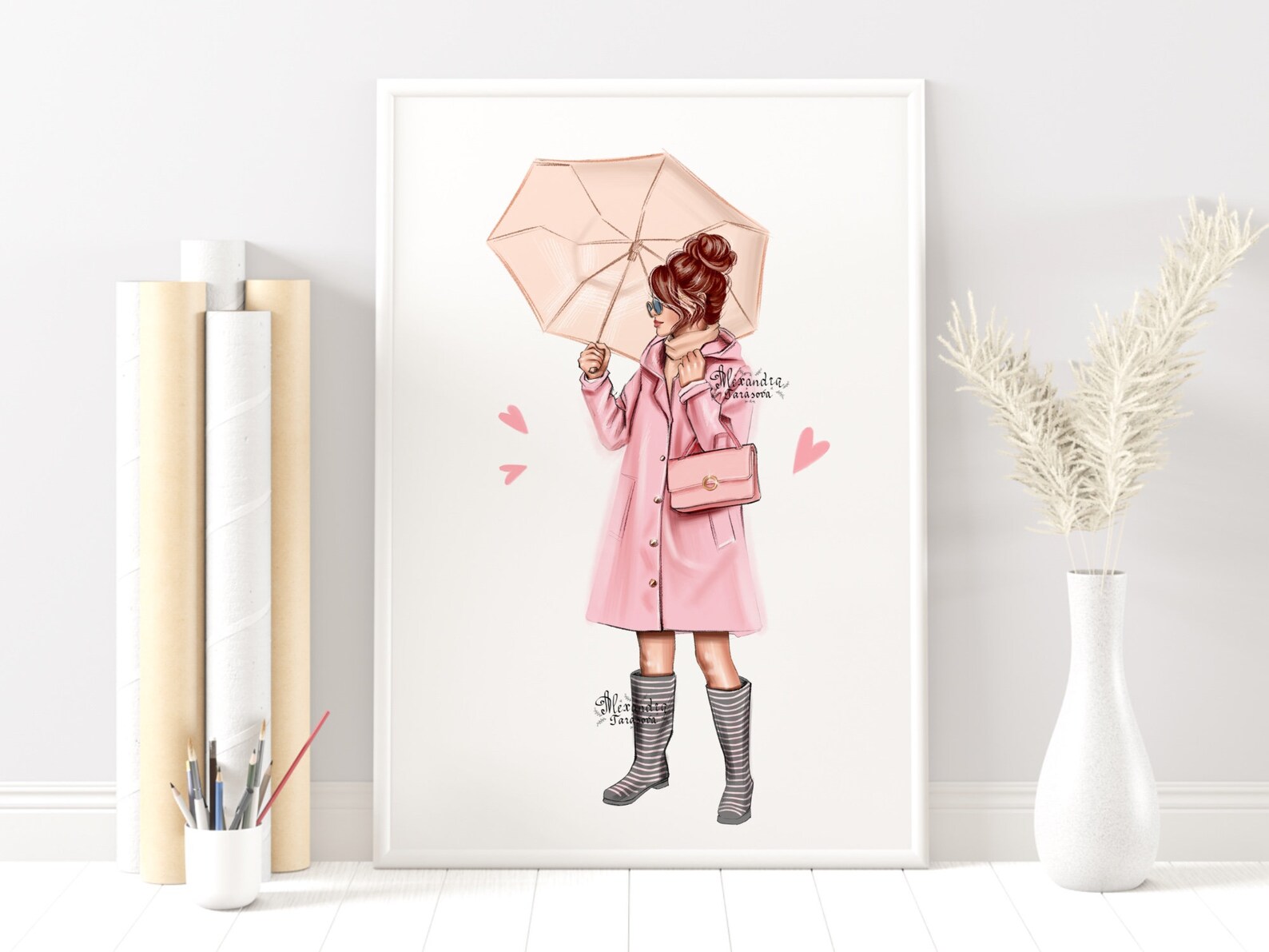Digital Watercolor Illustration Fashion Girl Pink Trench Coat - Etsy