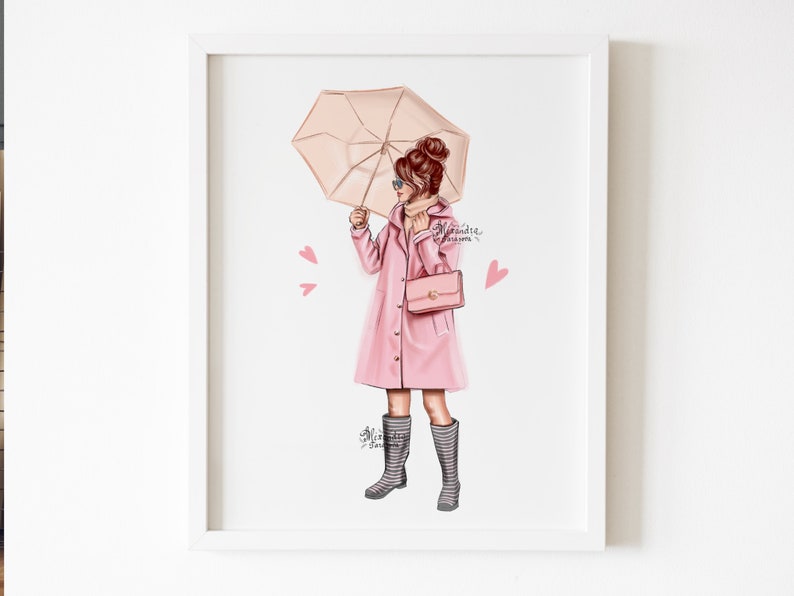 Digital Watercolor Illustration Fashion Girl Pink Trench Coat - Etsy