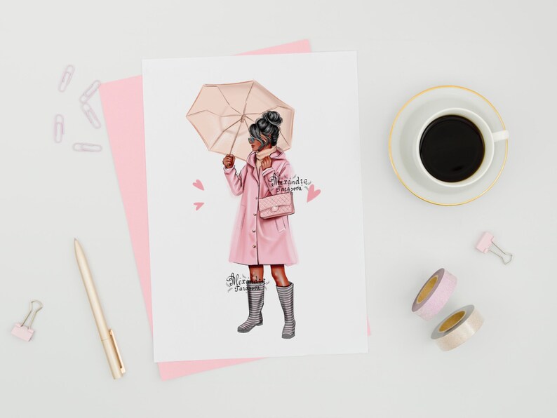 Digital Watercolor Illustration Fashion Girl Pink Trench Coat | Etsy