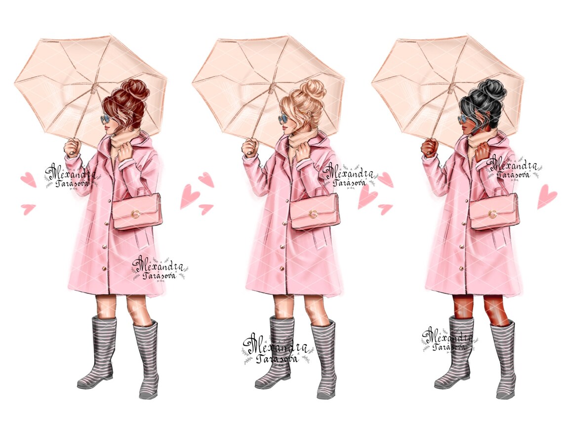 Digital Watercolor Illustration Fashion Girl Pink Trench Coat - Etsy