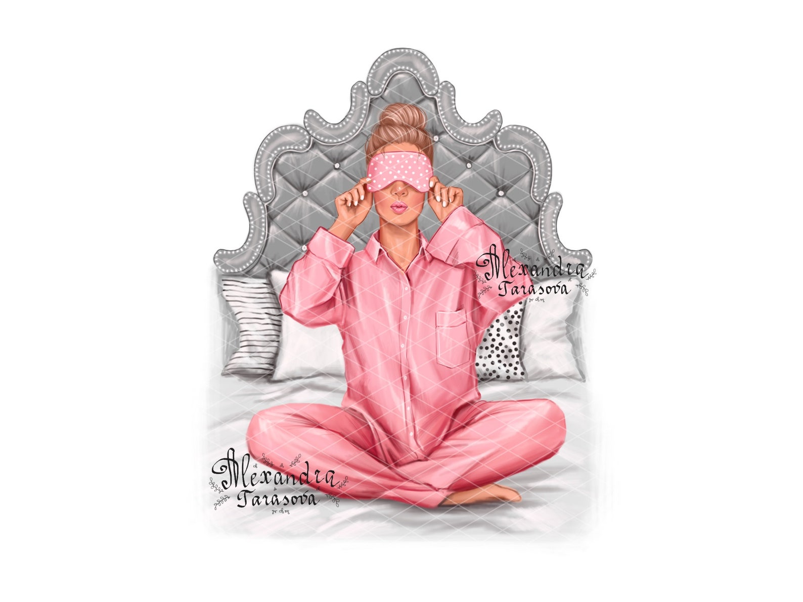 Digital Illustration Stylish Girl Pink Pajamas Home Trendy Bad - Etsy