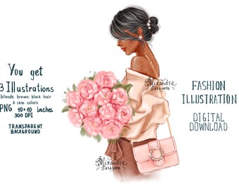 Digital Watercolor Illustration Fashion Girl Shopping Trendy - Etsy