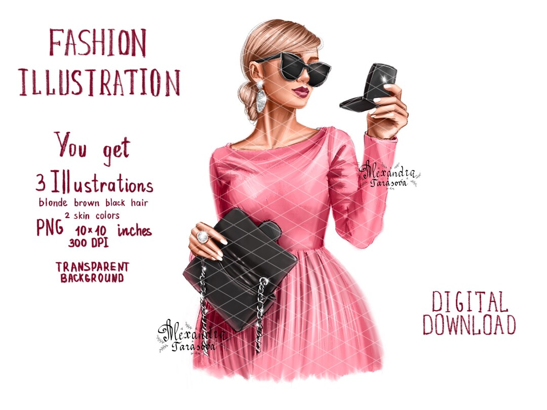 Digital Watercolor Illustration Fashion Girl Trendy Pink Dress Stylish ...