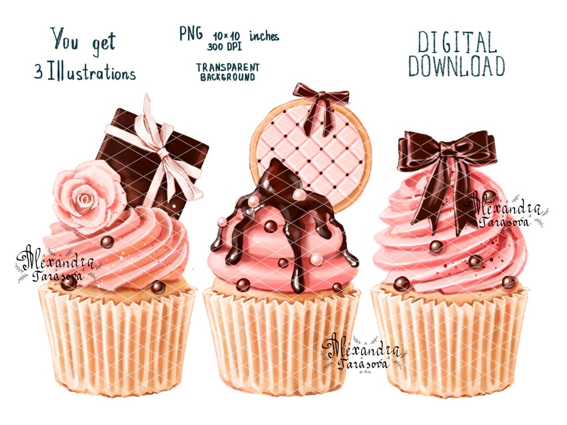 Digital Watercolor Illustration Trendy Cupcake Pink Cream - Etsy