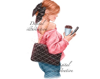 Digital Watercolor Illustration Fashion Girl Trendy Black Robe | Etsy