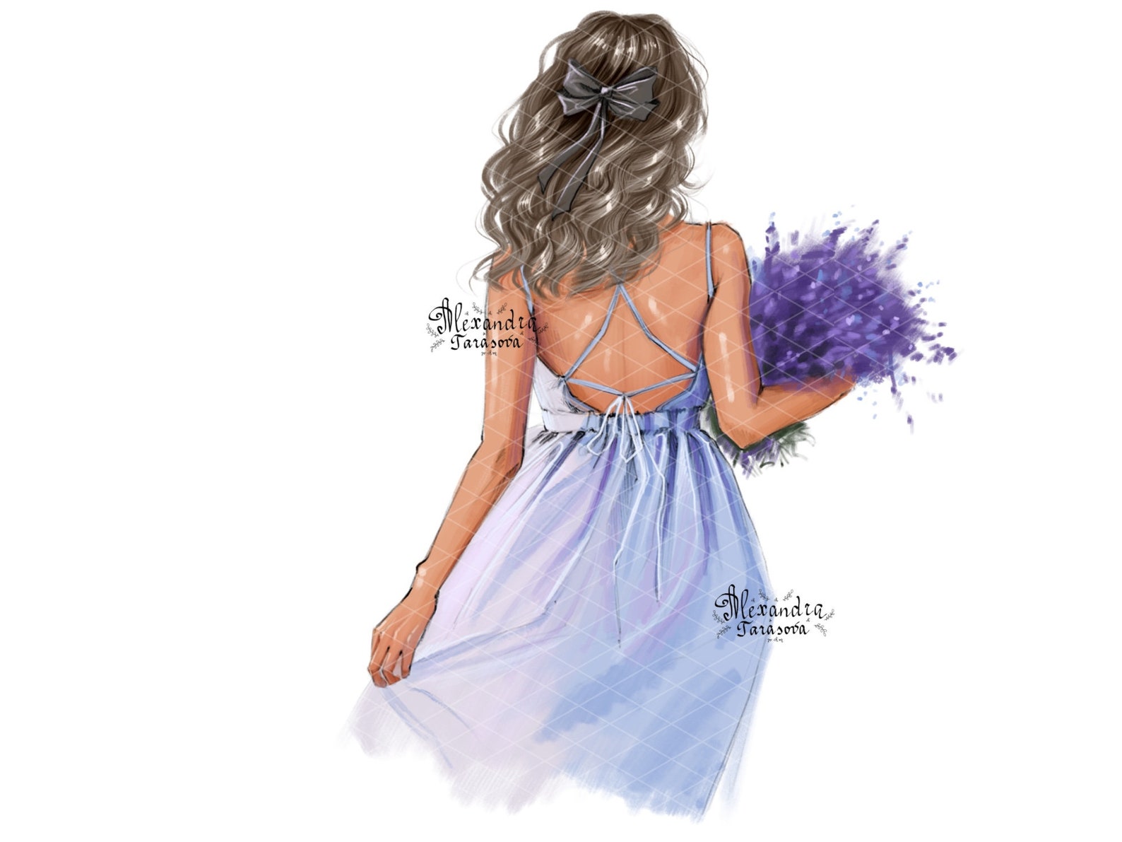 Digital Watercolor Illustration Fashion Girl Blue Dress Summer Holiday ...