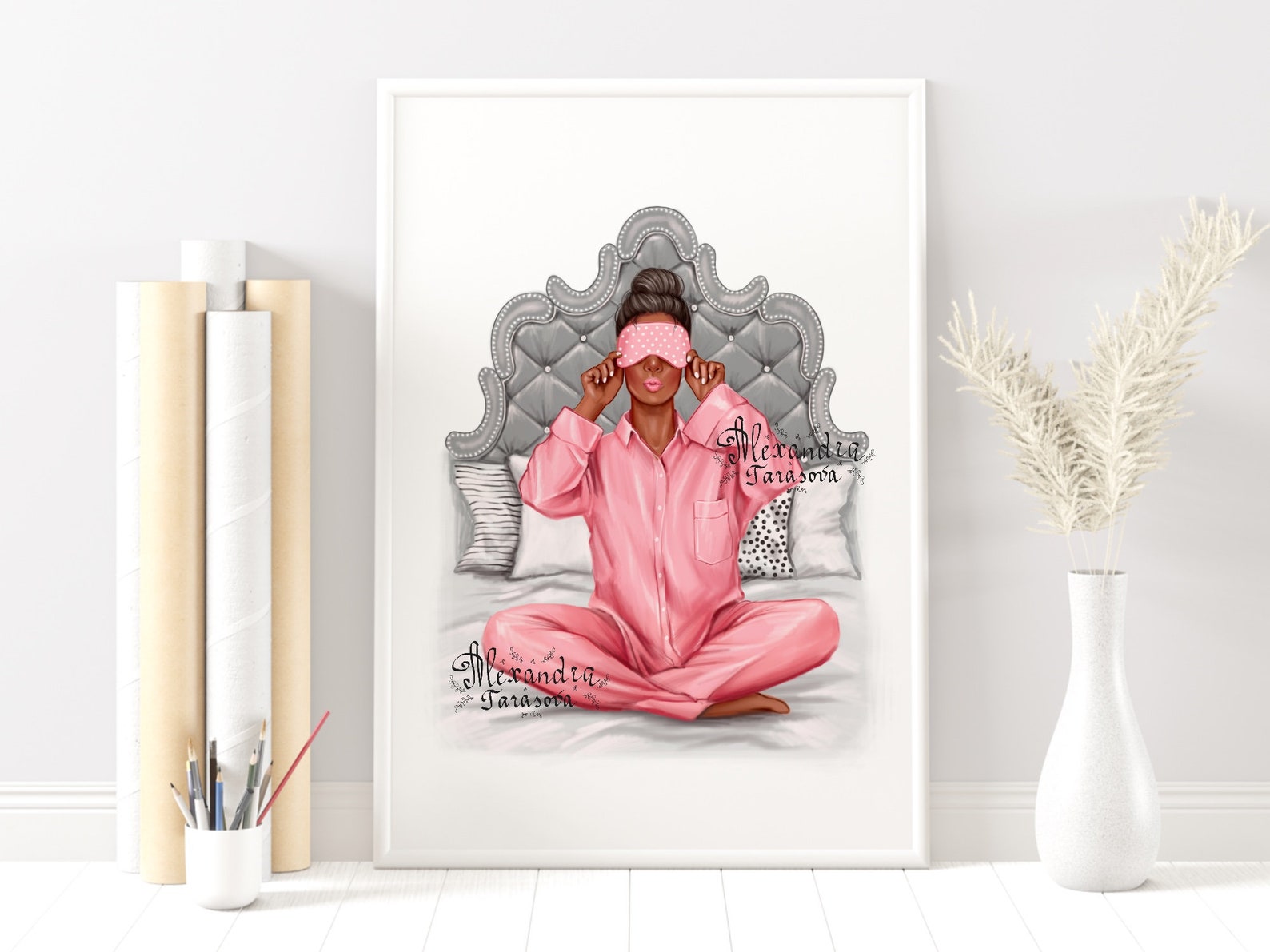 Digital Illustration Stylish Girl Pink Pajamas Home Trendy Bad | Etsy