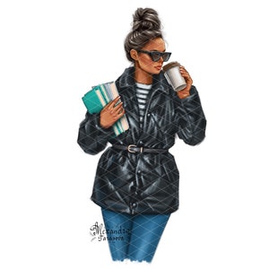 Digital Watercolor Painting Fashion Girl Book Clipart Coffee Trendy ...