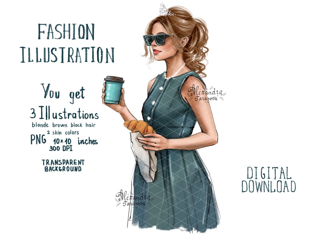 Digital Watercolor Illustration Fashion Girl Black Dress Stylish ...