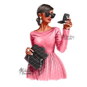 Digital Watercolor Illustration Fashion Girl Trendy Pink Dress Stylish ...